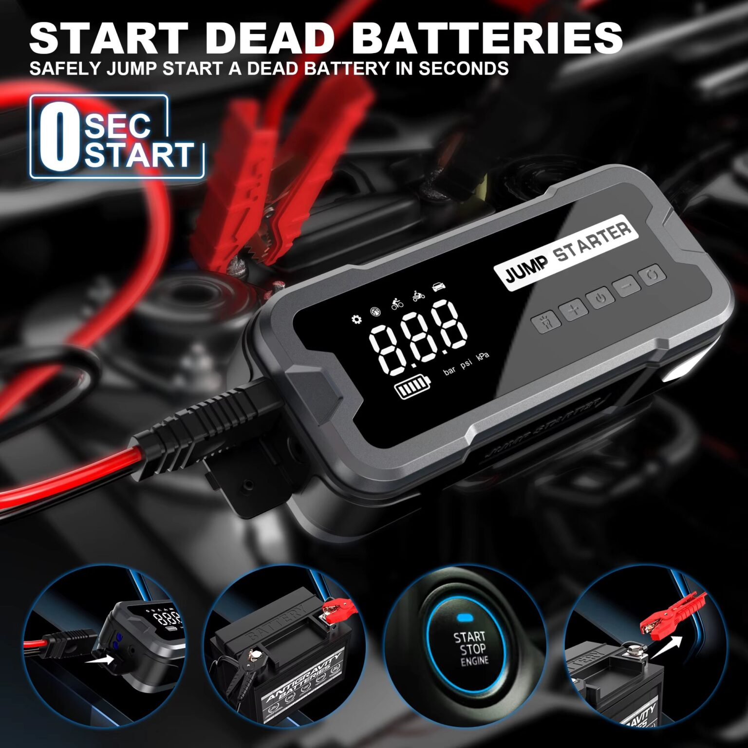 4-in-1 Jump Starter | 24000mAh | Air Pump Power Bank | 2000A Start ...